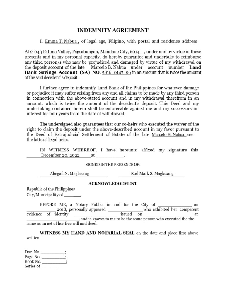 Indemnity Agreement Landbank | PDF