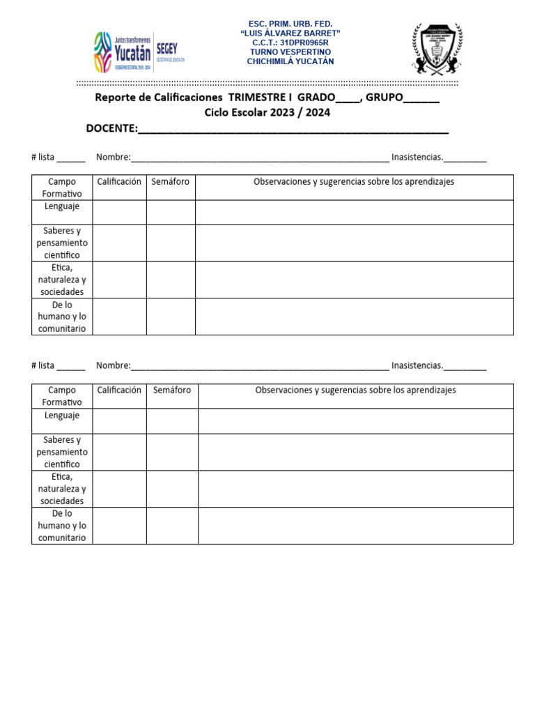 Reporte de Calificaciones I Trimestre | PDF | Aprendizaje