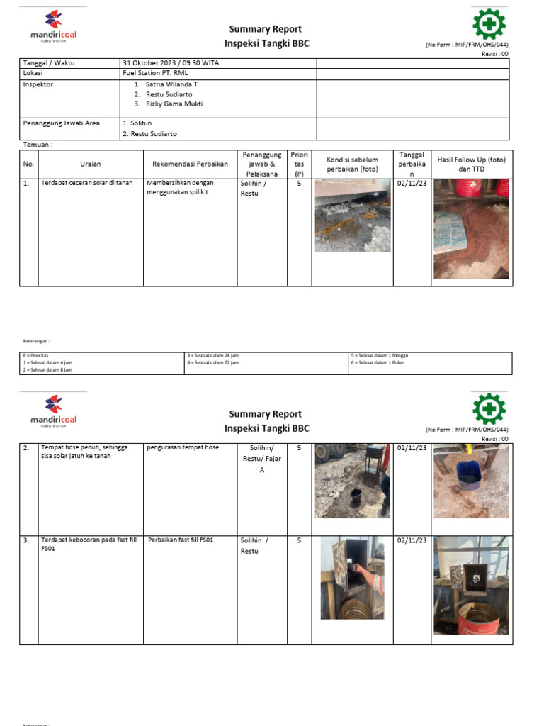 Hasil Inspeksi Tangki BBC 31 Oktober Fuel Station PT RML | PDF