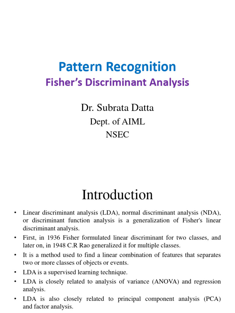 Pattern Recognition: Fisher's Discriminant Analysis | PDF | Machine ...