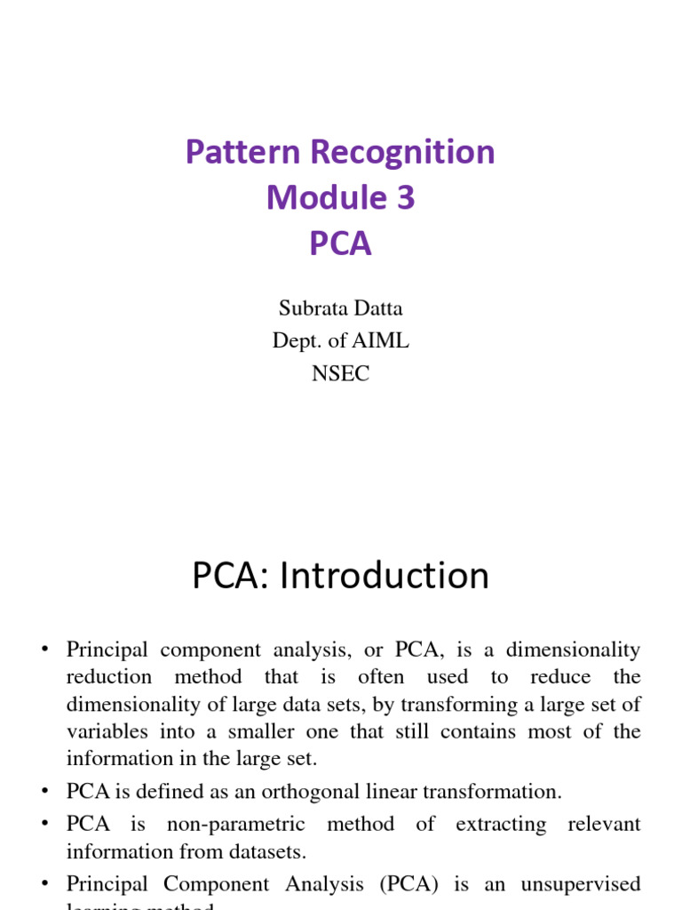 Pattern Recognition PCA: Subrata Datta Dept. of AIML Nsec | PDF ...
