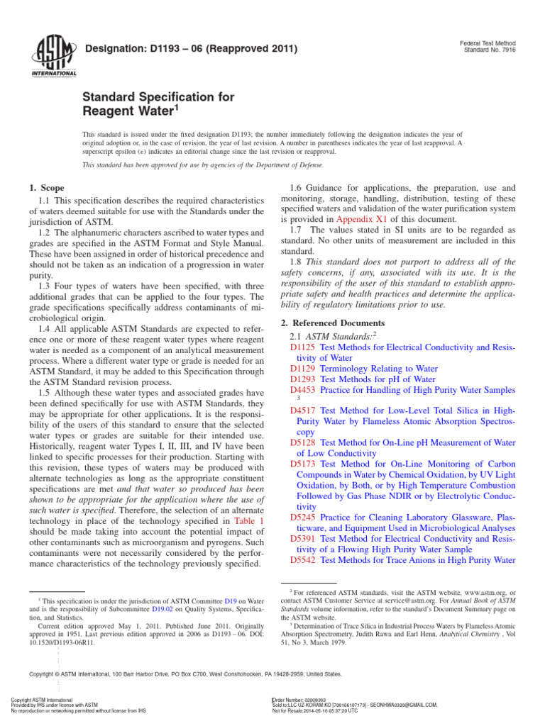 Astm D1193 | PDF | Verification And Validation | Water Purification