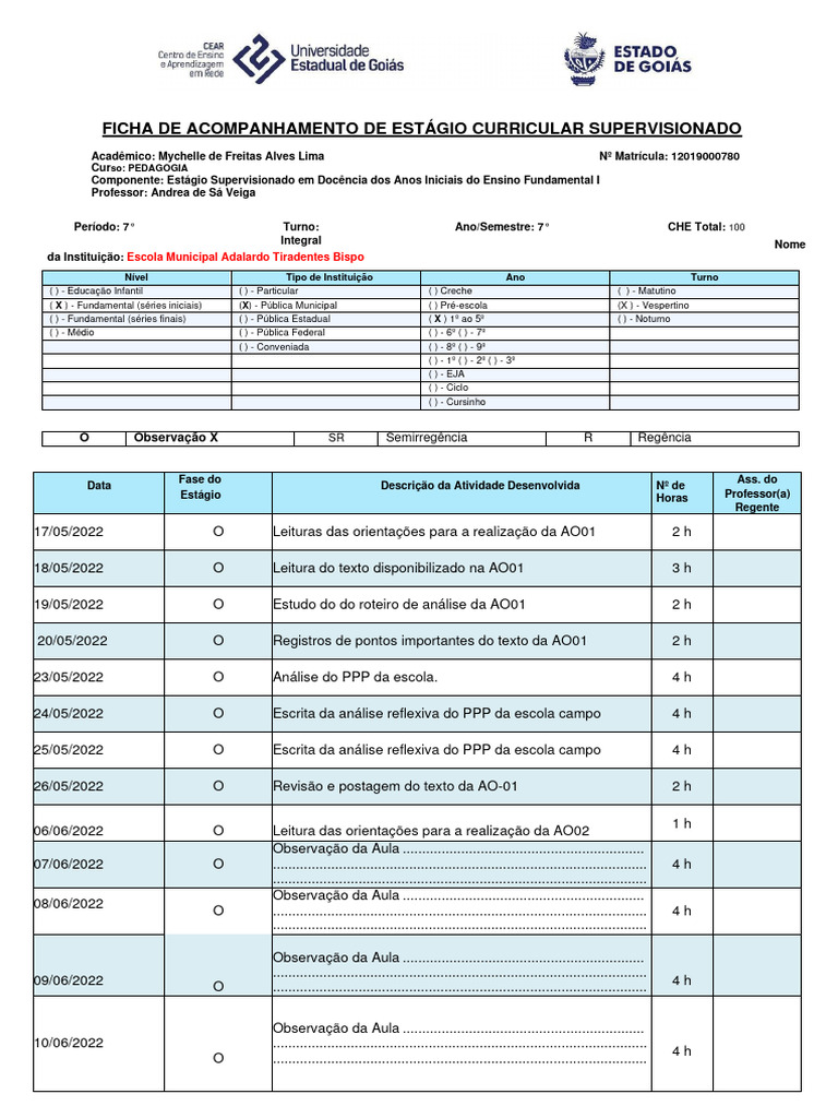 1 Ficha de Acompanhamento de Estágio Curricular Supervisionado 2022 | Download grátis PDF ...