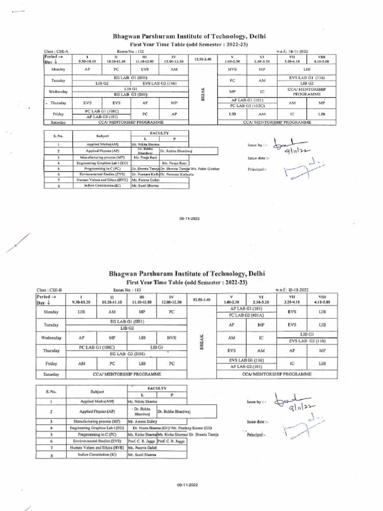 Time Table First Sem 2022 2023 | PDF