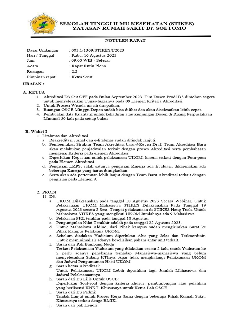 Notulen Rapat Pleno 16 Agustus 2023 | PDF | Bisnis