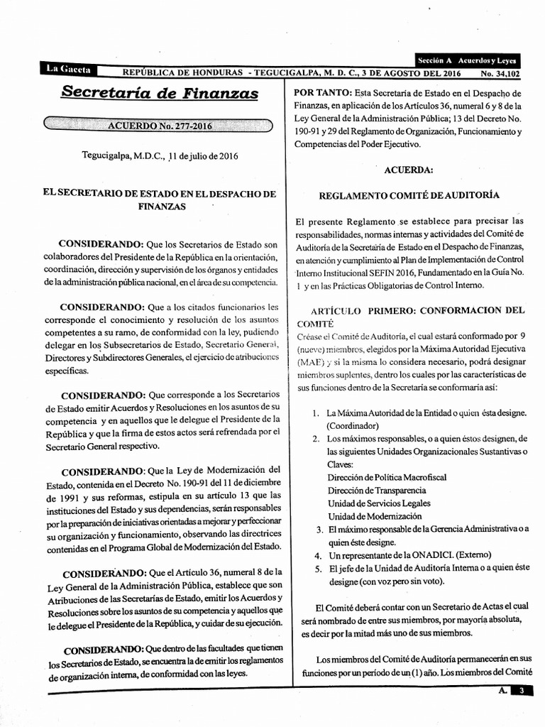 Reglamento Comite Auditoria SEFIN | PDF