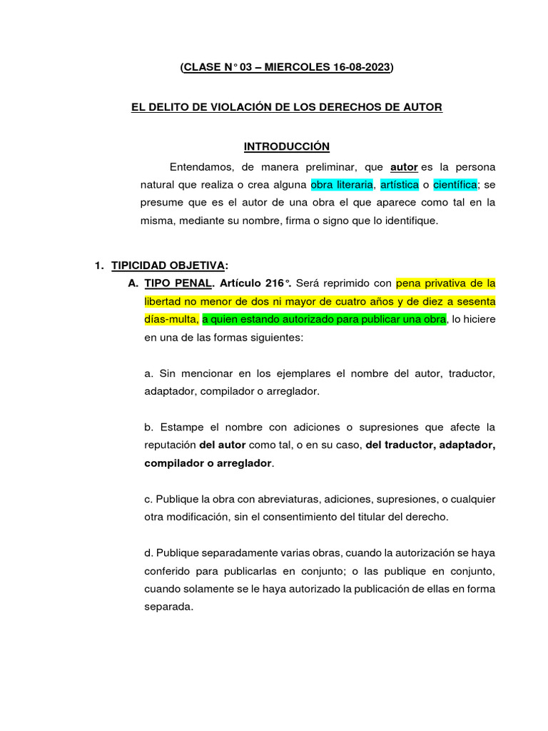 Sesión #03 - El Delito de Violacion de Los Derechos de Autor y El Delito de Plagio | PDF ...