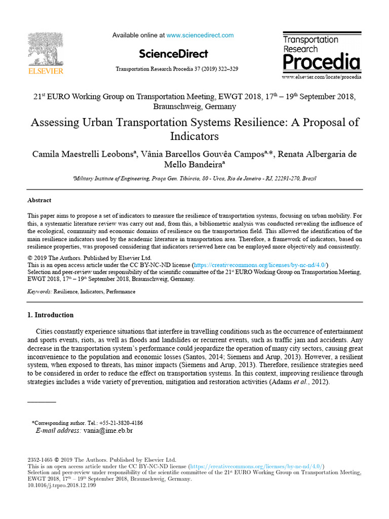 Pibic1 Assessing Urban Transportation Systems Resilience A Proposal Of Indicators Pdf