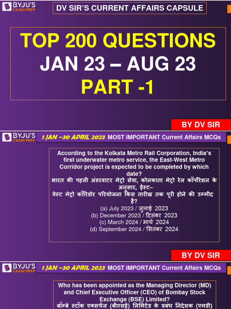 Top 200 Current Affairs Questions Part 1 by DV Sir | PDF