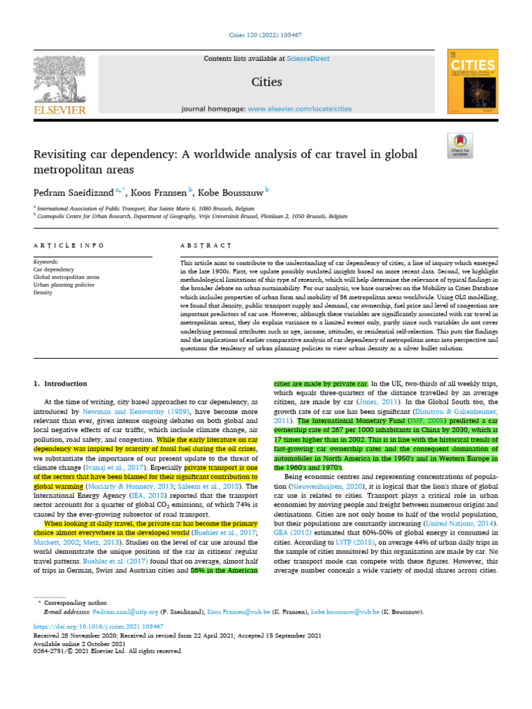 (Pibic2) Revisiting Car Dependency A Worldwide Analysis of Car Travel ...