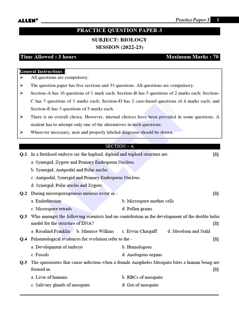 Biology Practice Paper 3 | PDF | Biology