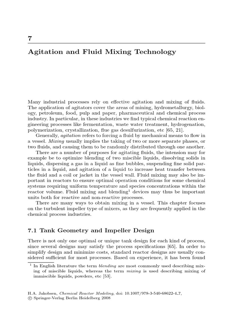 7 Agitation and Fluid Mixing Technology: 7.1 Tank Geometry and Impeller ...