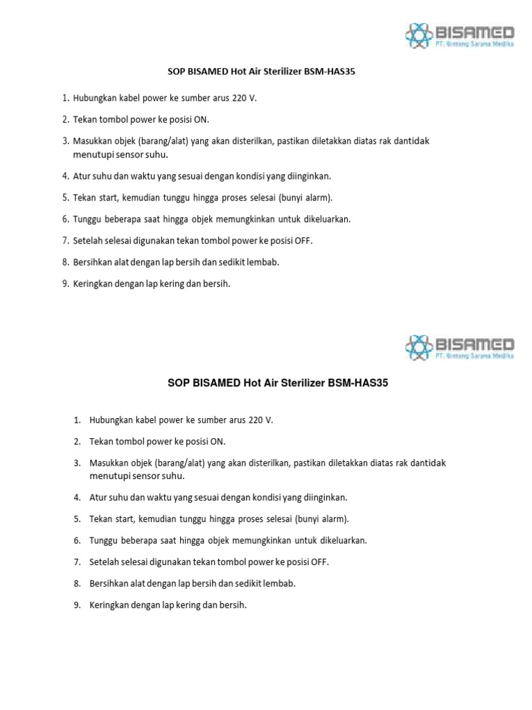 Sop Hot Air Sterilizer | PDF | Griya & Taman