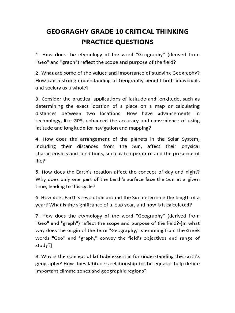 Geograghy Grade 10 Critical Thinking Practice Questions | PDF ...