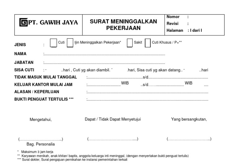 Form Cuti Ijin Meninggalkan Pekerjaan | PDF
