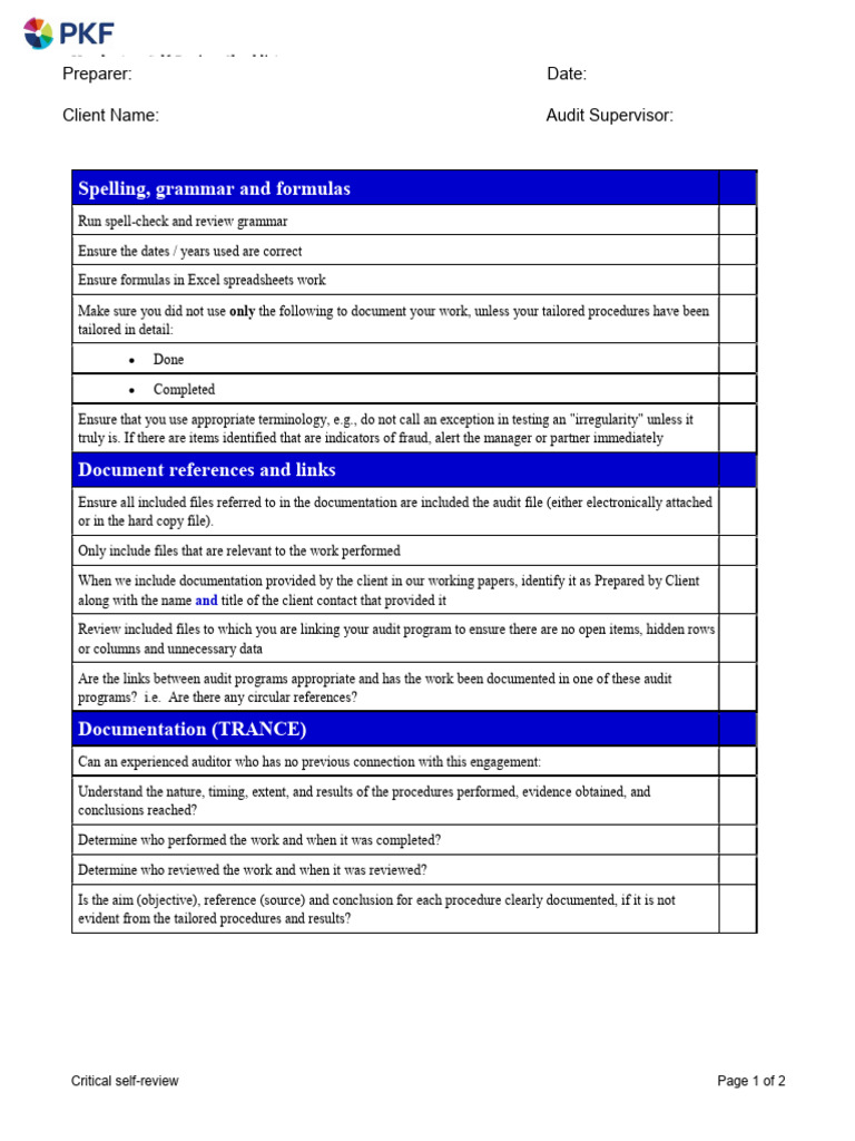 Self-Review Checklist - Audit | PDF | Audit | Spreadsheet
