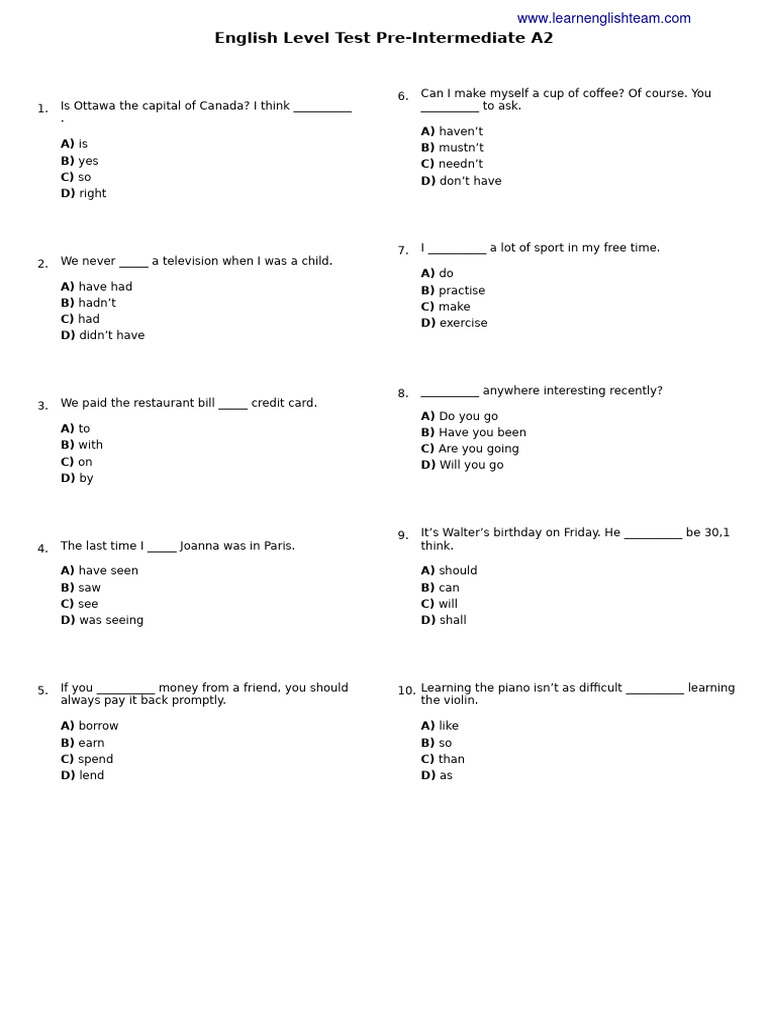 Pre-Intermediate A2 English Test | PDF
