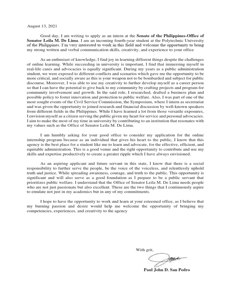 Application Letter (Office of Senator Leila M. de Lima) | PDF ...