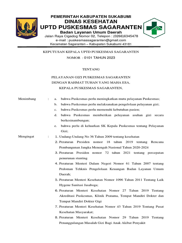 SK Pelayanan Gizi PKM Sagaranten | PDF