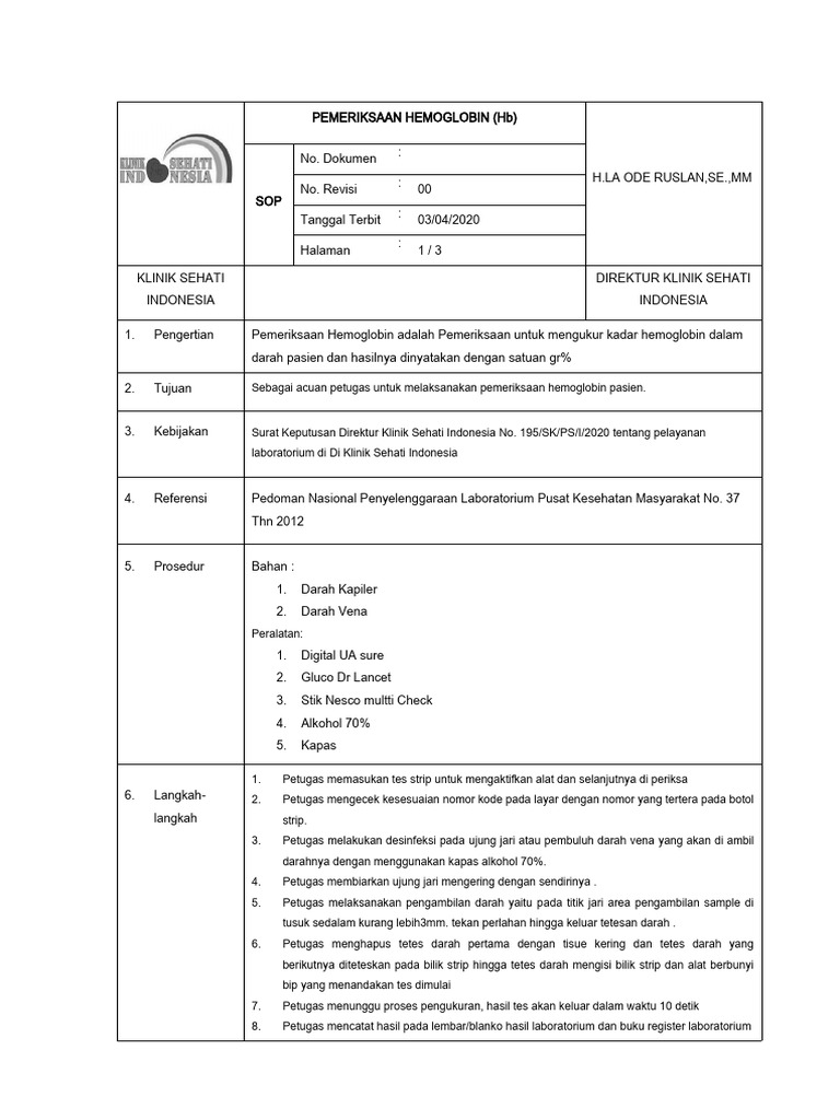 SOP Pemeriksaan HB | PDF