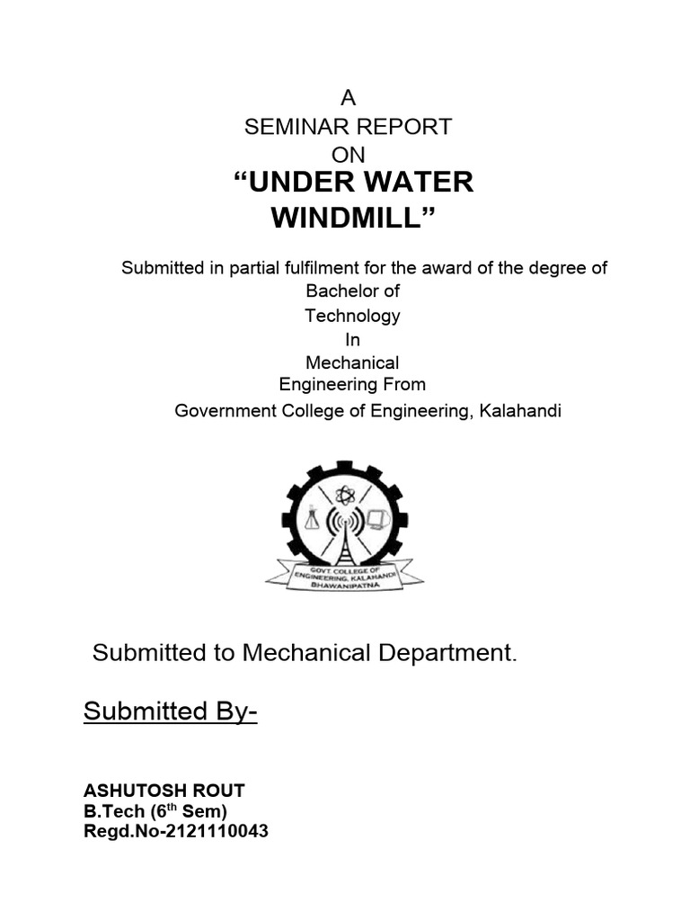 Underwater Windmill Seminar Report | PDF | Wind Power | Wind Turbine