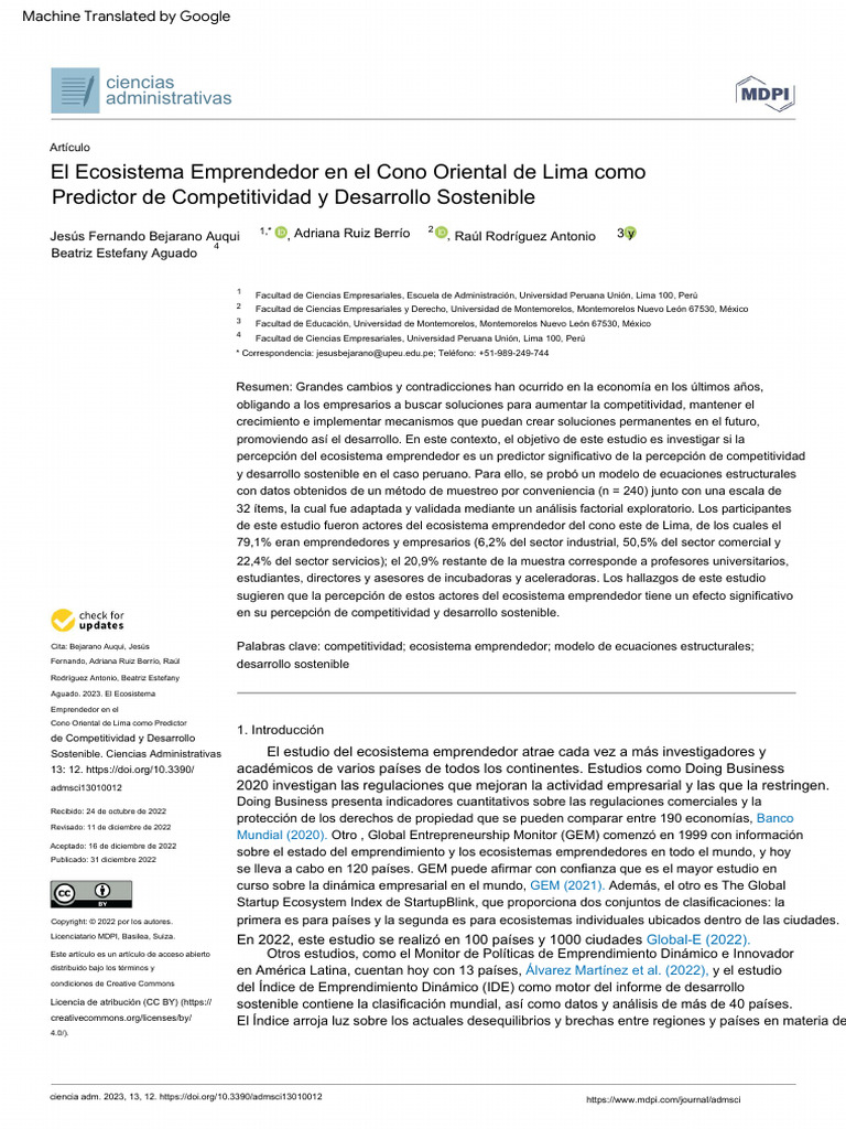The Entrepreneurial Ecosystem in The Eastern Cone of Lima As A ...