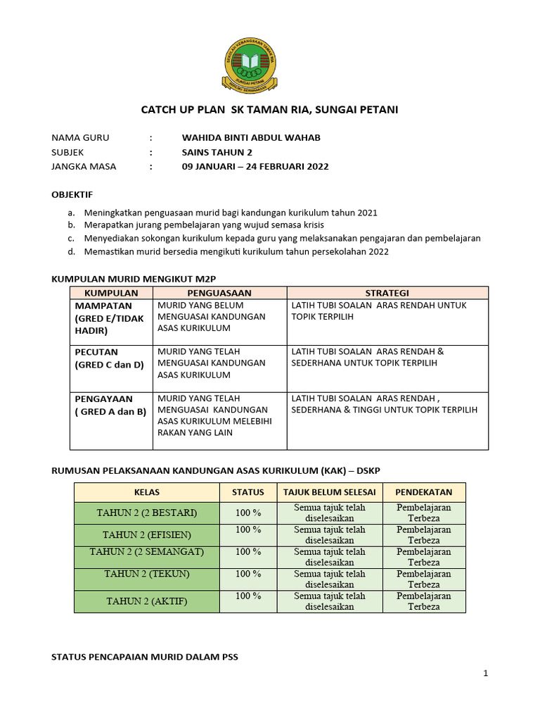 CATCH UP PLAN SAINS TAHUN 2 - Wahidasaad78 | PDF