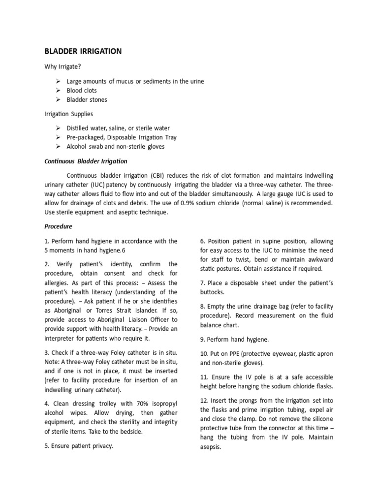 Bladder Irrigation | PDF | Urinary Tract Infection | Medical Specialties