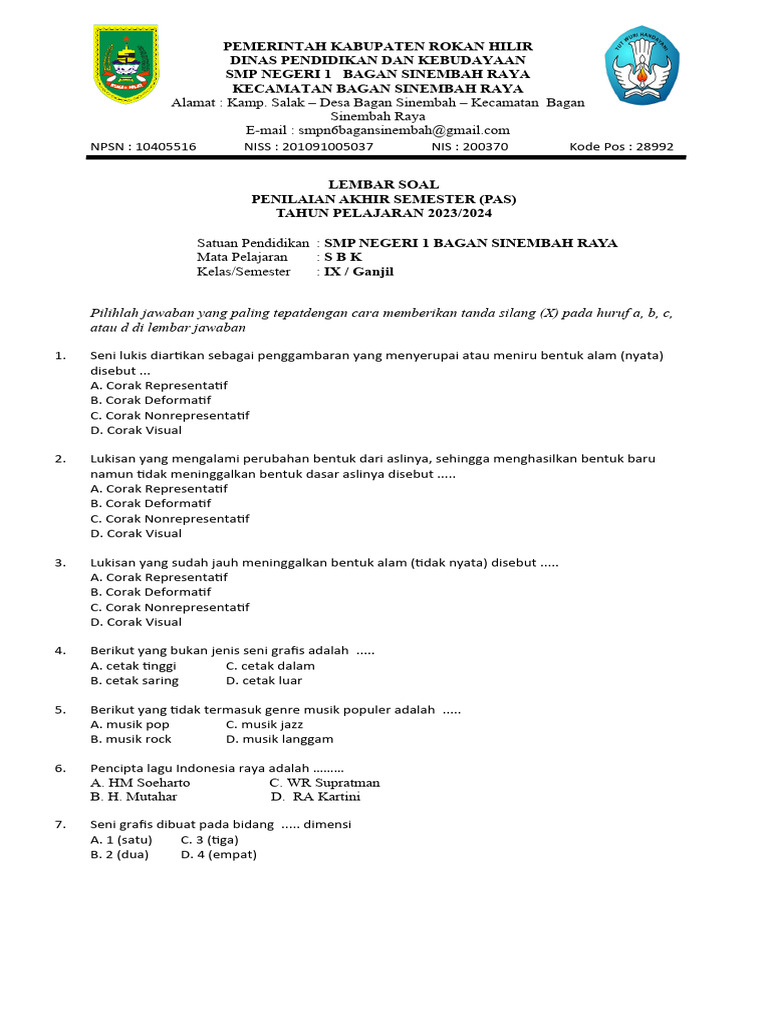 Soal SBK 9 SMT 1 | PDF