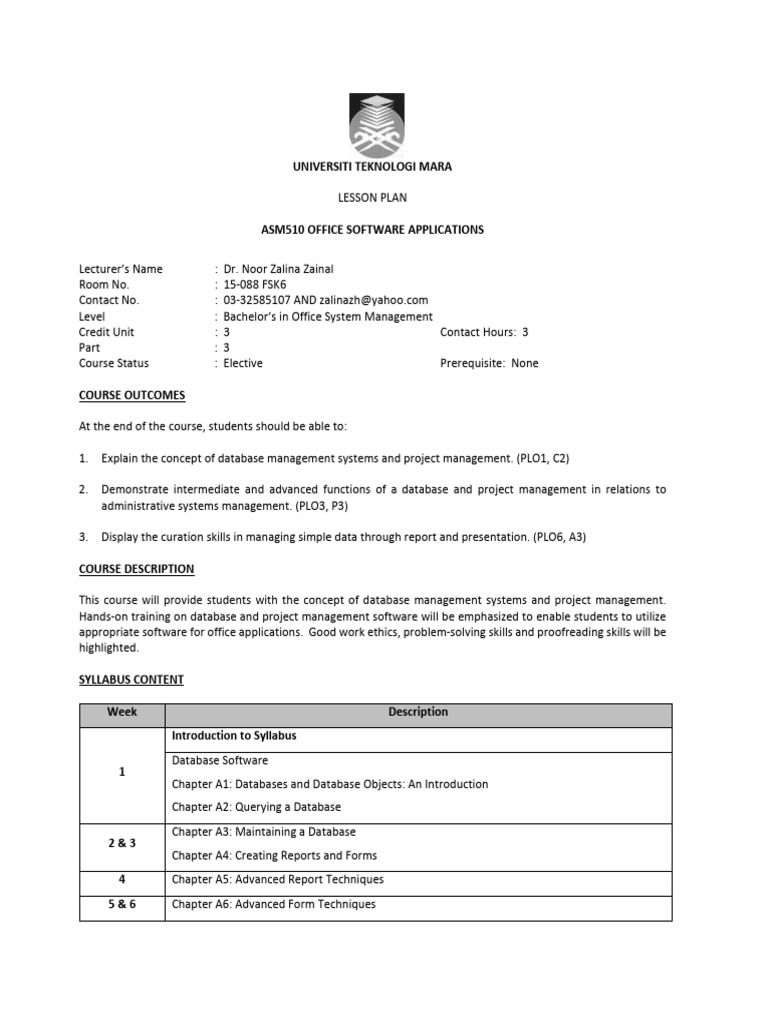 Lesson Plan Asm510 - 2023 | PDF | Databases | Computing