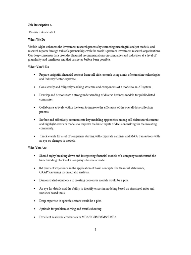 Job Description-Research - Associate - I - MBA PGDM MMS EMBA | PDF