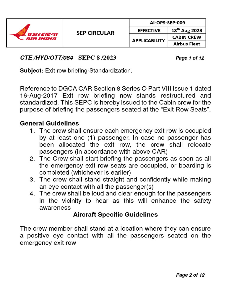 A320F Fleet Standardized Emergency Exit Briefing SEPC 08 of 2023 | PDF ...