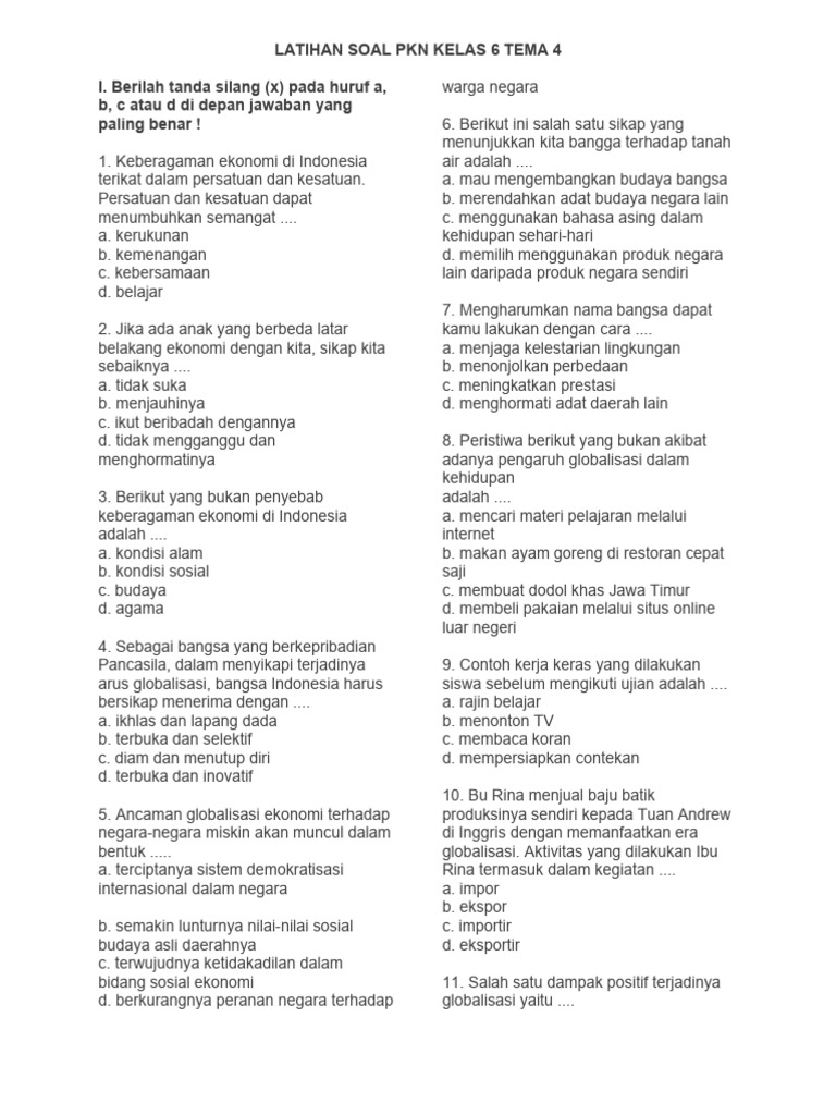 Latihan Soal PKN Kelas 6 Tema 4 | PDF | Ilmu Sosial | Perjalanan