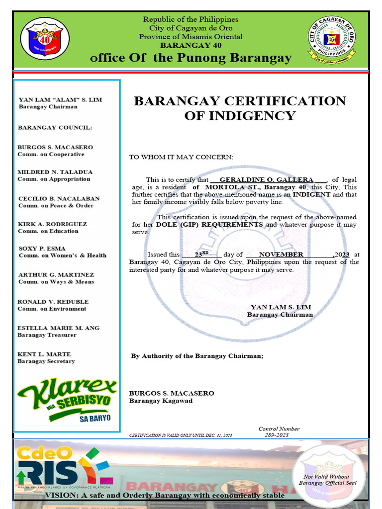 Certificate of Indigency 2023 New Geraldine Gallera | PDF