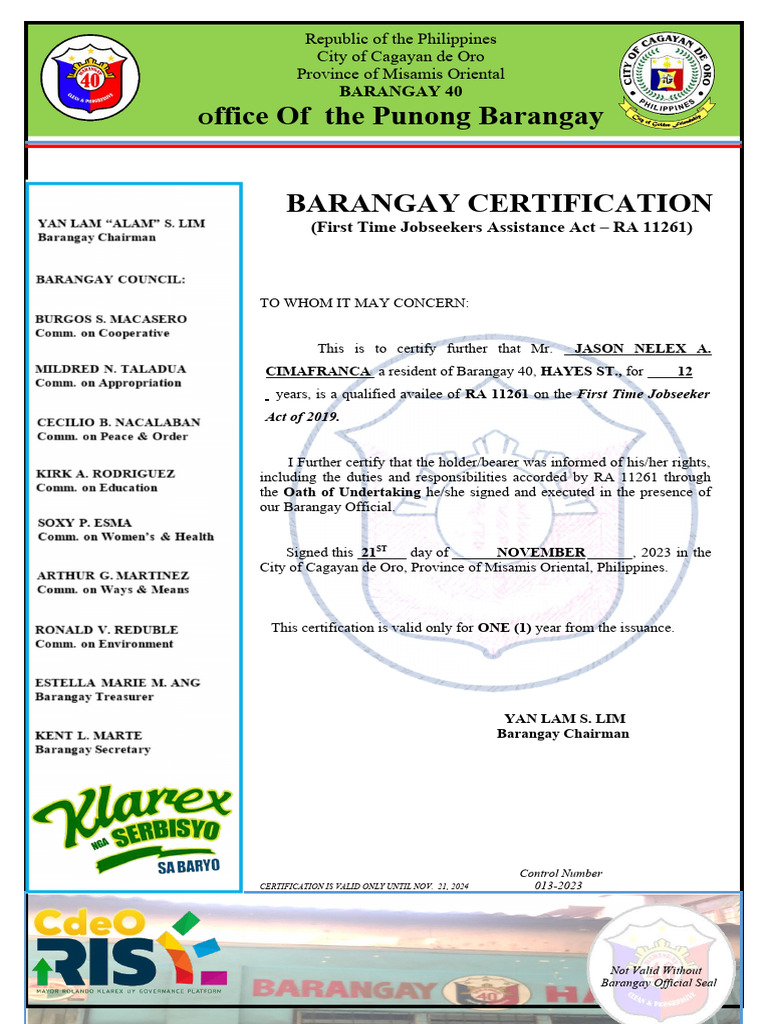 Certification of First Time Job Seeker 2023 Jason Cimafranca | PDF