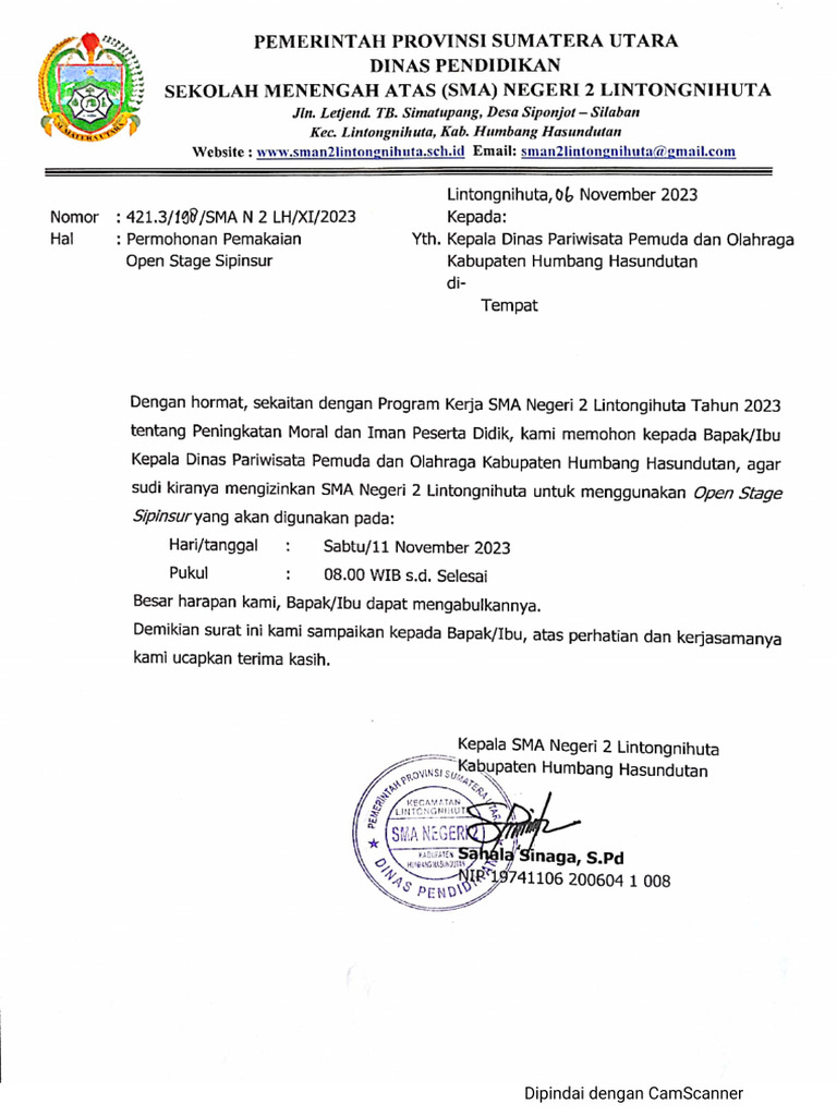 Surat Permohonan Pemakaian Open Stage Sipinsur | PDF