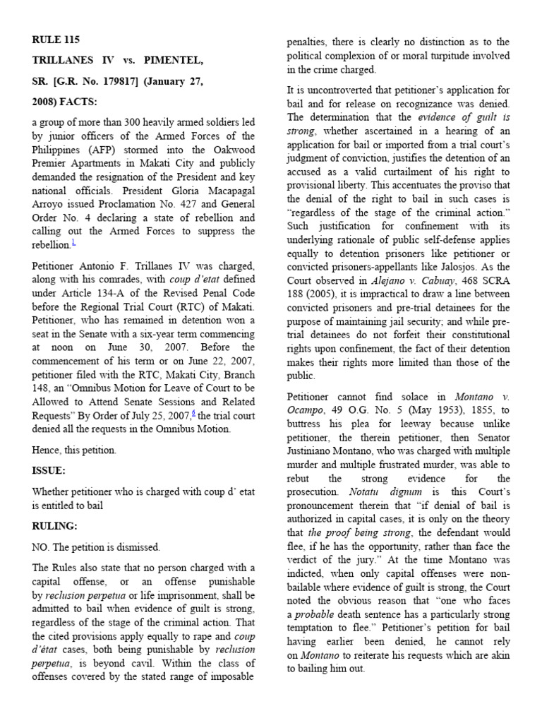 Trillanes Vs Pimentel SR Case Digest | PDF | Bail | Detention (Imprisonment)