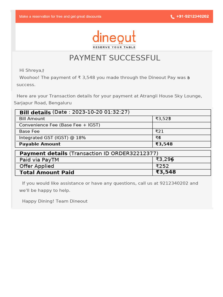 Dineout Payment Advice | PDF