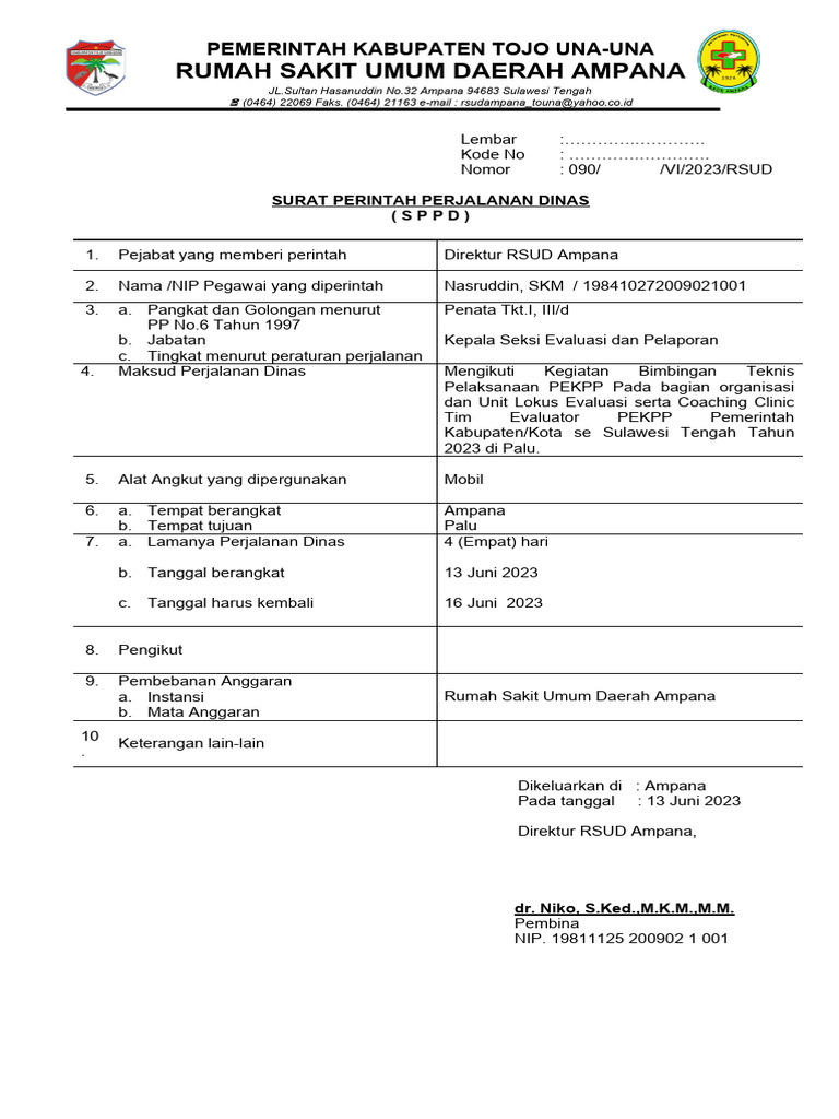 SPPD K Palu Lembar Depan | PDF