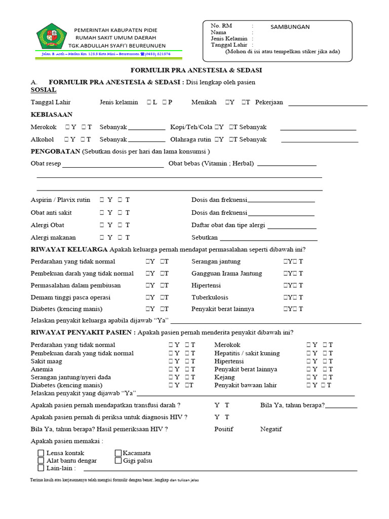 RM 5.4 Formulir Pra Anestesia Dan Sedasi | PDF