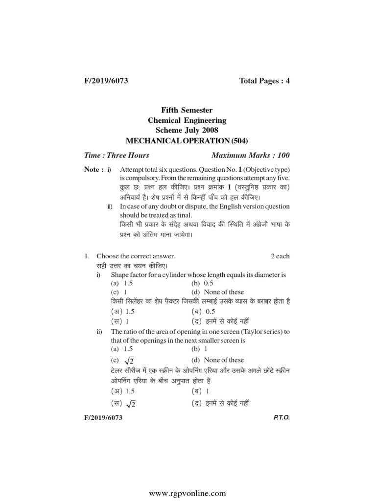 6073 Mechanical Operation 6073 F 2019 | PDF | Applied And Interdisciplinary Physics | Mechanical ...