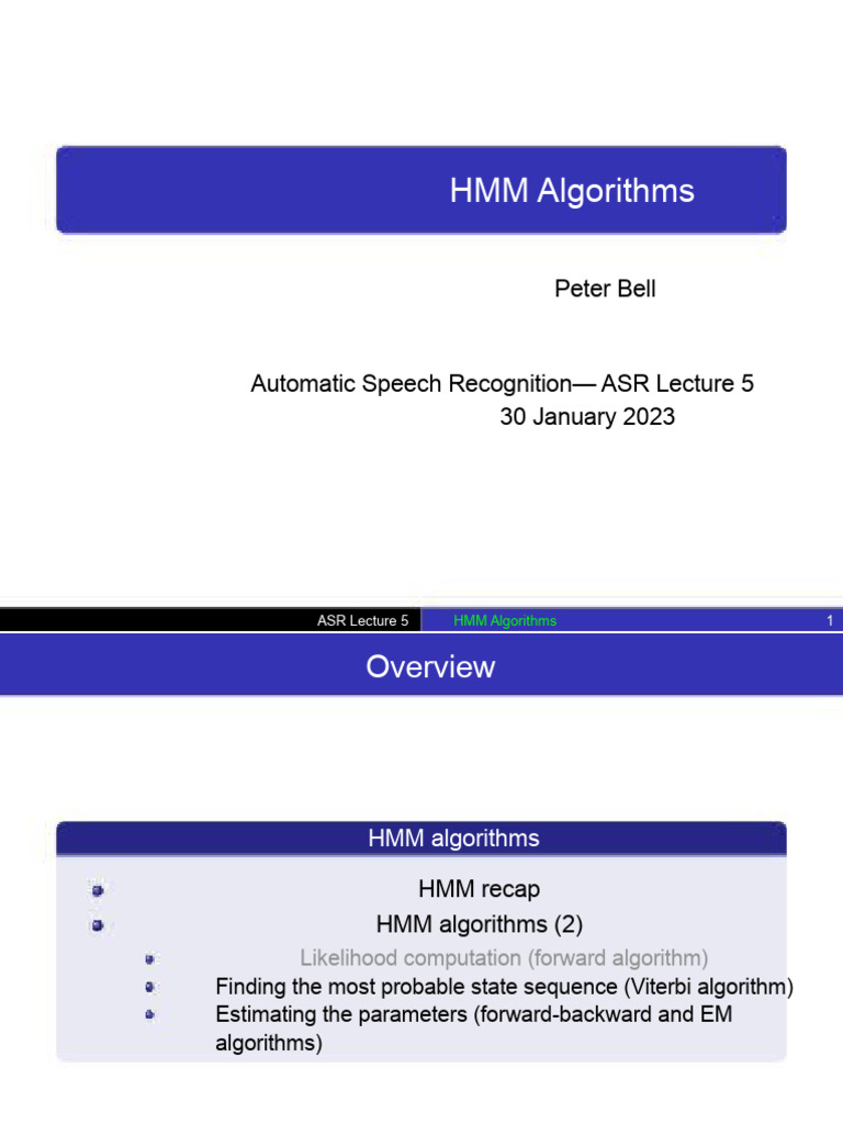 Asr05 HMM Algorithms | PDF | Speech Recognition | Computational Neuroscience