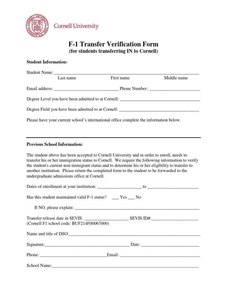 F-1 Transfer Verification Form - 0 | PDF