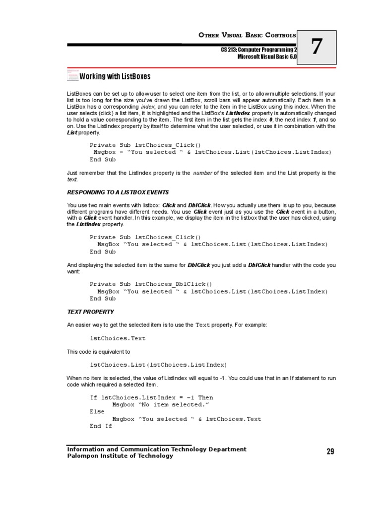 ListBox, ComboBox, CheckBox, OptionButtons, and TimerControl | PDF | Button (Computing) | Basic