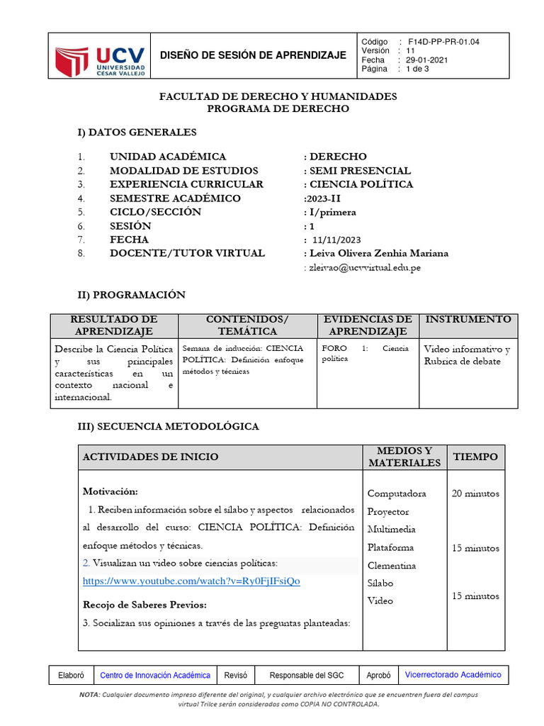 Diseño de Sesion de Aprendizaje 01 | PDF | Perú | Diseño