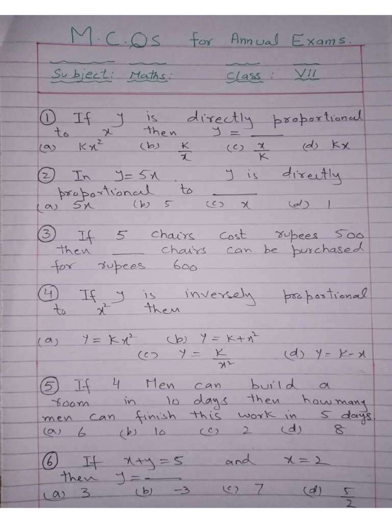 MCQs For Class - VII | PDF