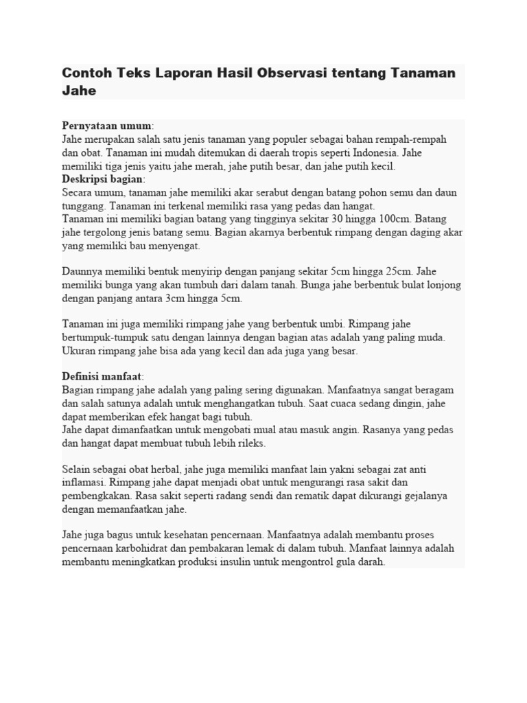 Contoh Teks Laporan Hasil Observasi Tentang Tanaman Jahe | PDF