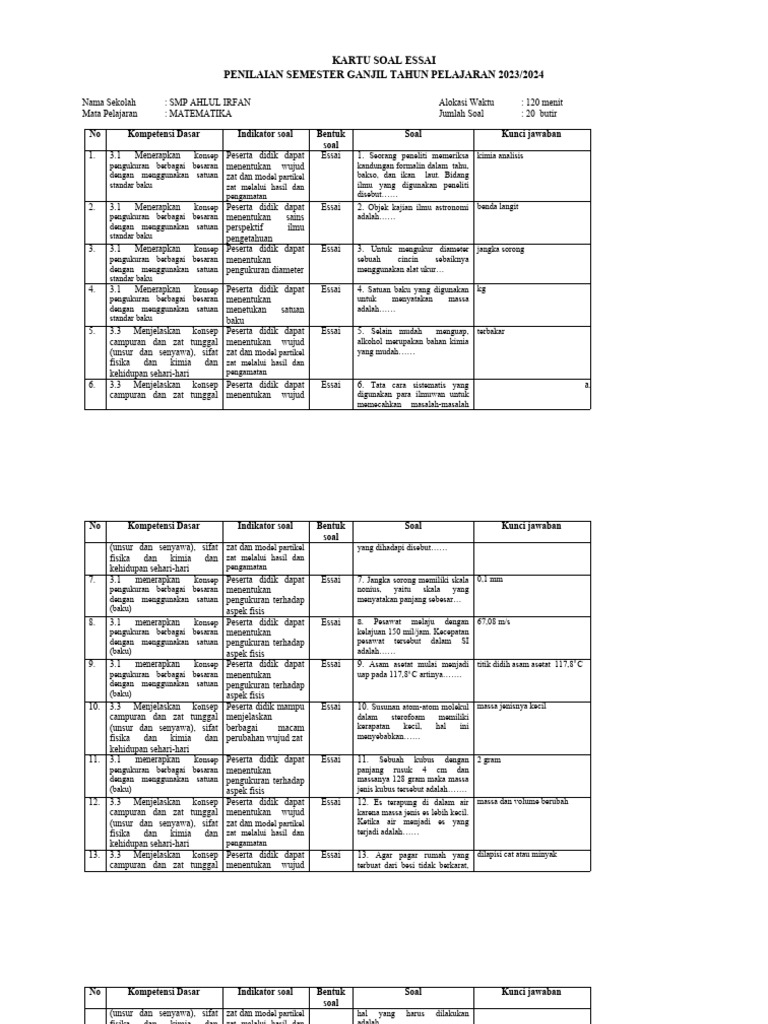 KARTU SOAL ESSAI IPA 7 Fix | PDF | Sains & Matematika