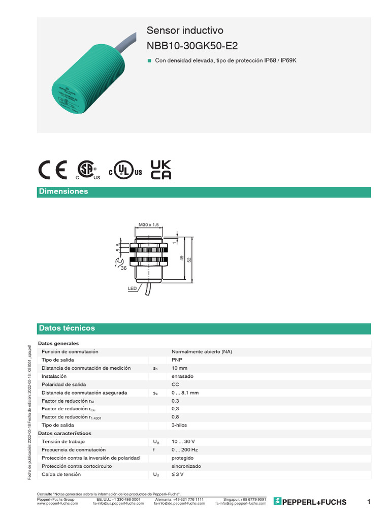 Sensor Inductivo NBB10-30GK50-E2: Dimensiones | PDF