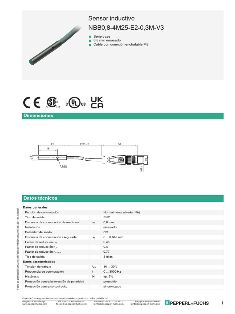 Sensor Inductivo NBB0,8-4M25-E2-0,3M-V3: Dimensiones | PDF